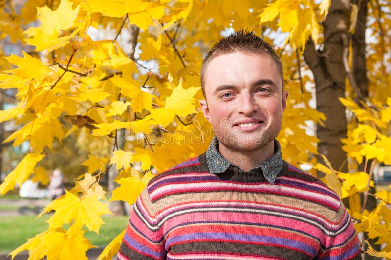 Portrait of Young Man in Autumn Park Stock Photo - Image of attractive ...