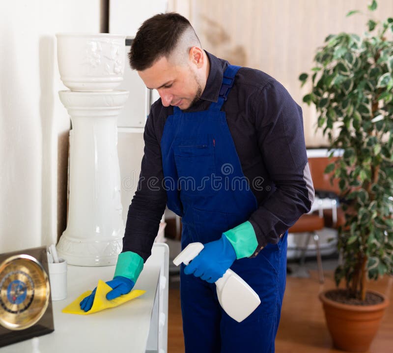 Young Man Cleaner Working at Office Stock Photo - Image of male ...