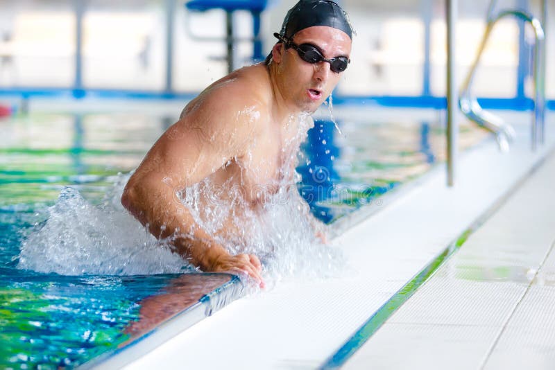 Portrait of Young Man Finishing Swimming Stock Photo - Image of goggles ...