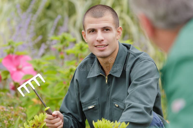Portrait Young Man with Gardening Rake Stock Image - Image of meadow ...