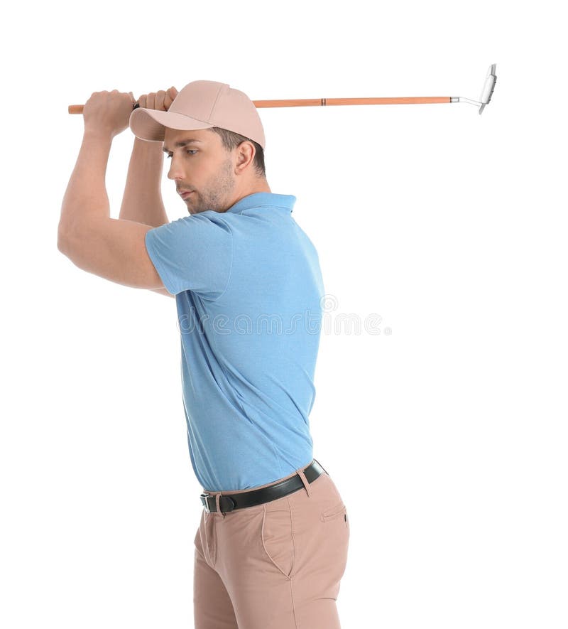 Portrait of Young Man with Golf Club on White Stock Image - Image of ...