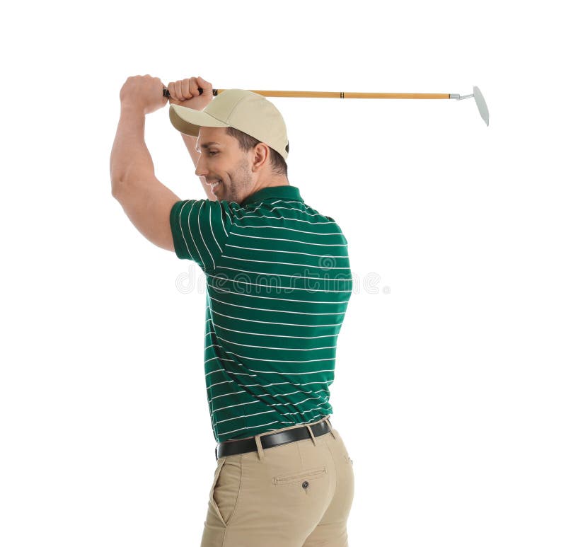 Portrait of Young Man with Golf Club on White Stock Image - Image of ...
