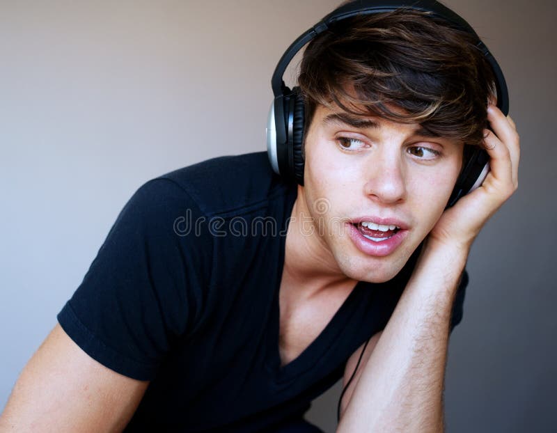 Portrait of Young Man with Headphones Stock Photo - Image of listen ...