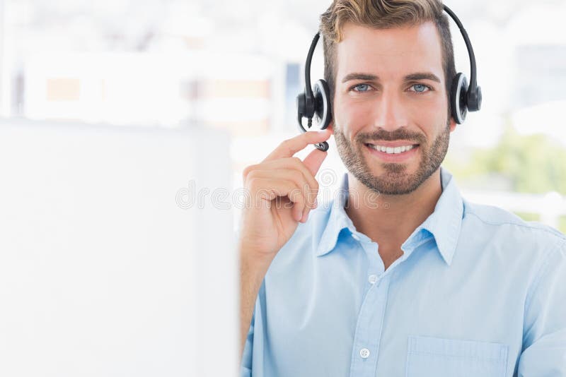 Portrait of a Young Man with Headset Using Computer Stock Photo - Image ...