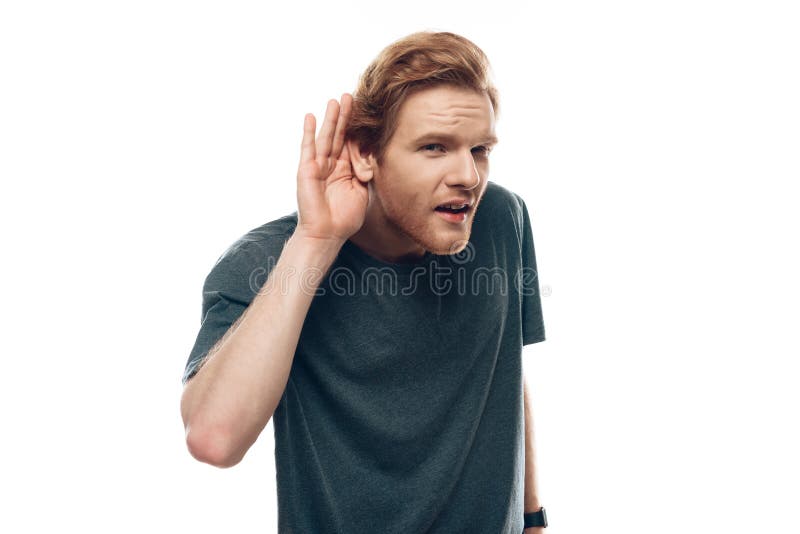 Portrait of Young Man with Hearing Problem Stock Photo - Image of audio ...
