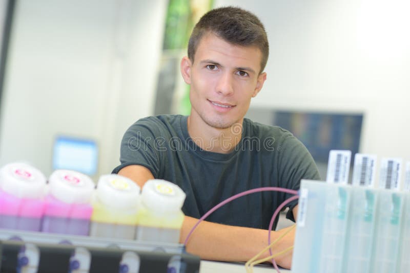 Portrait Young Man Leaning on Printing Machine Stock Photo - Image of ...