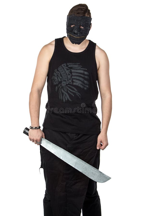 Portrait of the Young Man in Mask with Hatchet Stock Photo - Image of ...