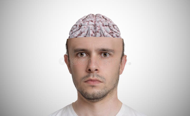 Portrait of Young Man with Opened Head with Brain Inside Stock Image ...