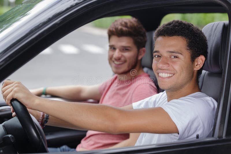 Portrait Young Men in Front Seats Car Stock Photo - Image of transport ...