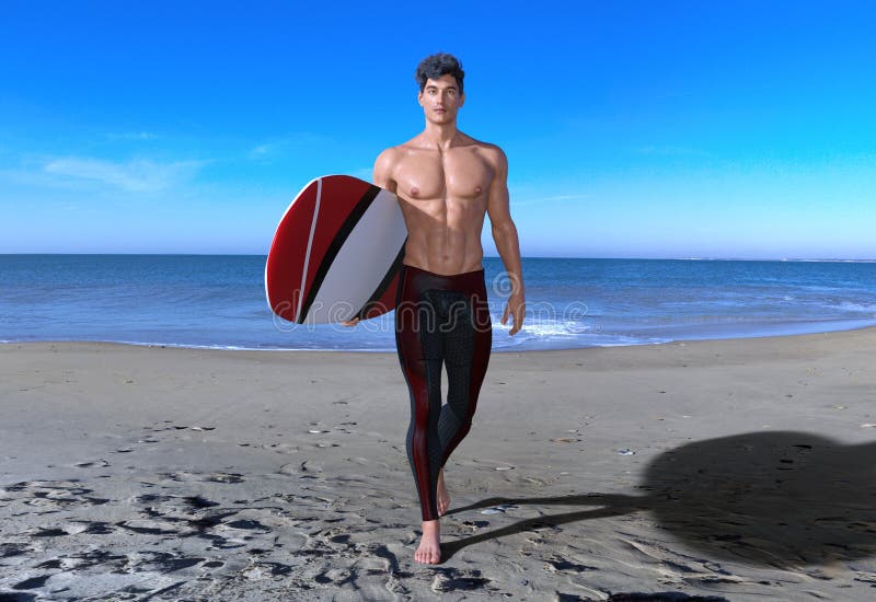 3D Render : the Portrait of a Young Mesomorph Man with a Surf Board ...