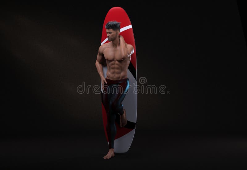 3D Render : the Portrait of a Young Mesomorph Man with a Surf Board ...
