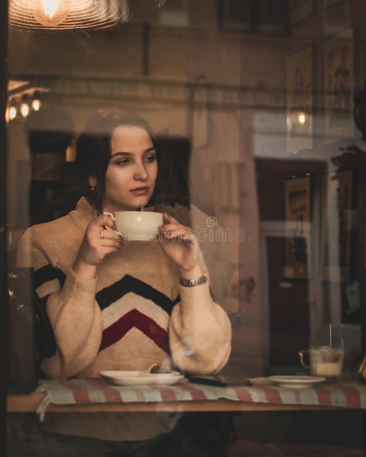 Portrait of a Young Model Girl in the Cafe. Stock Photo - Image of ...