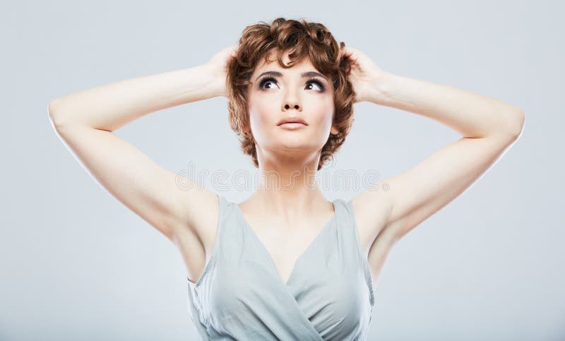 Portrait of Young Model Raised Hands. Stock Image - Image of female ...
