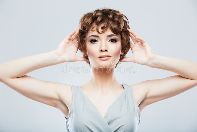 Portrait of Young Model Raised Hands. Stock Photo - Image of trendy ...