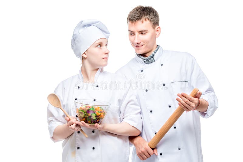 Portrait of Young Professional Chefs with a Dish on a White Stock Photo ...