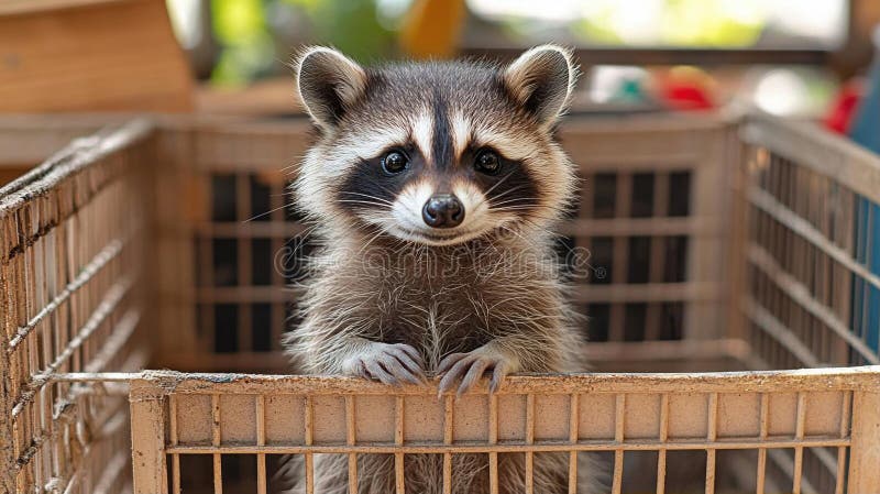 Portrait of a Young Raccoon in a Tan Wire Cage Outdoors Stock Photo ...
