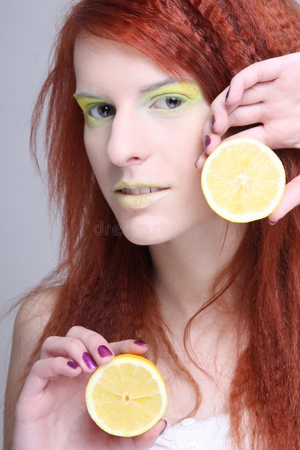 Portrait of Young Redhaired Girl with Lemon Stock Photo - Image of ...