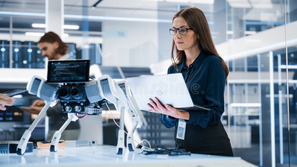 Portrait of a Young Robotics Engineer Using Laptop Computer, Analyzing ...