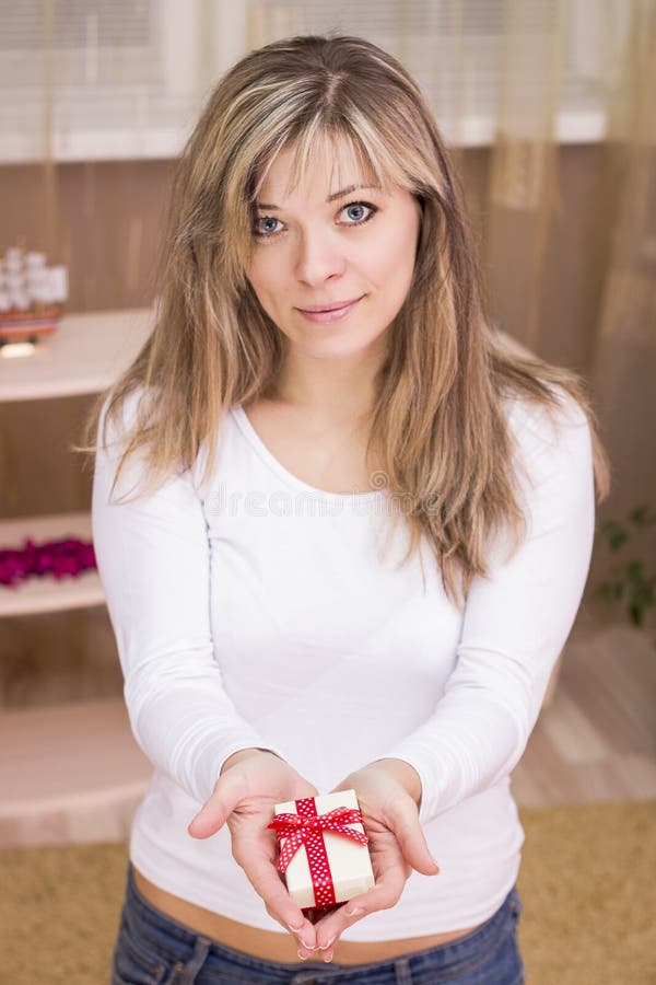 Portrait of Young Smiling Woman Gift Box Hold Stock Image - Image of ...