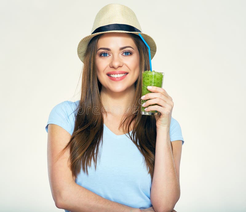 Portrait Of Young Smiling Woman Holding Smoothie Glass Stock Image