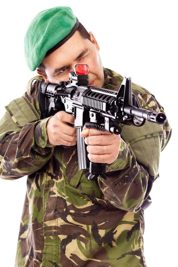 Portrait of a Young Soldier Aiming with a Gun Stock Image - Image of ...