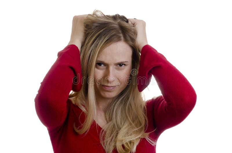 Woman Pulling Her Hair On White Background Stock Image - Image of ...