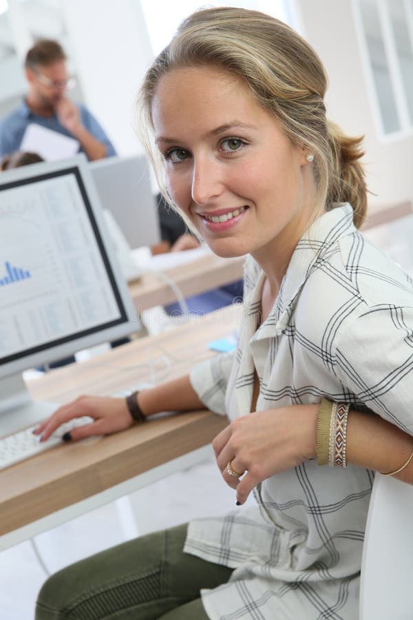 Portrait of Young Students Girl in Front of Computer Stock Image ...
