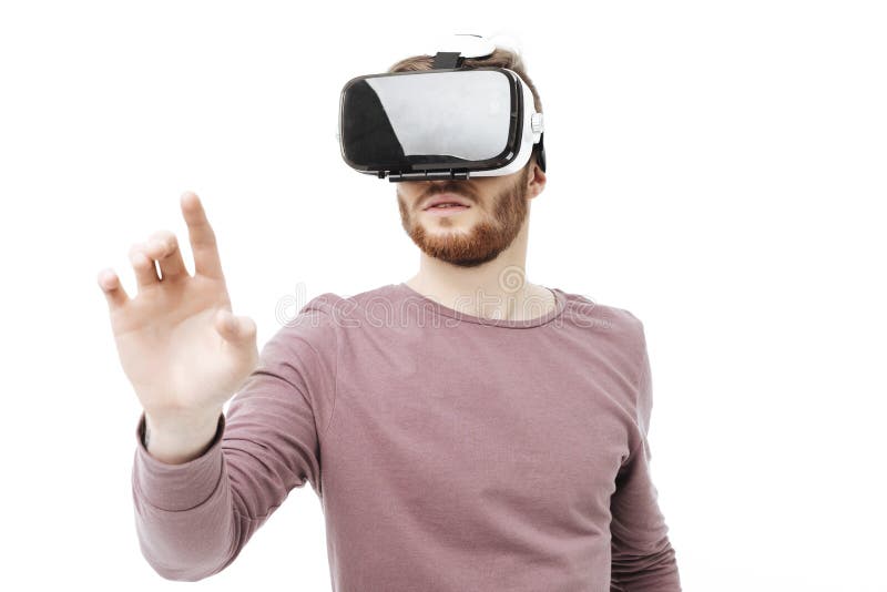 Portrait of Young Thoughtful Man Using Virtual Reality Glasses on White ...