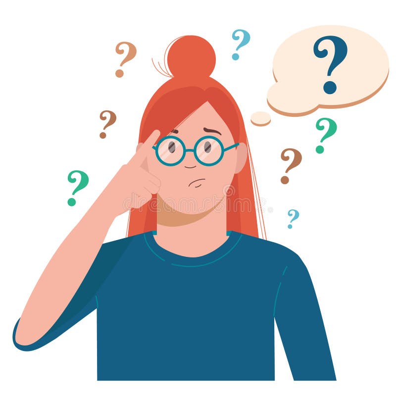 Portrait of Young Troubled Woman. Girl with Question Mark in Think ...