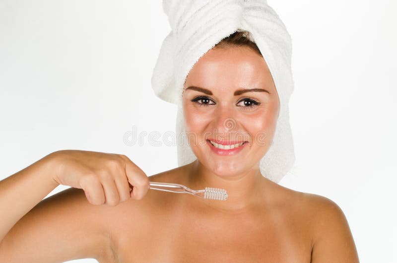 Portrait of Young Woman after Bath Brushing Her Teeth Stock Image ...