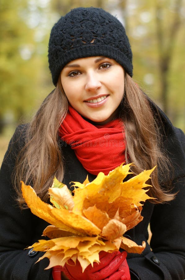Portrait of a Young Woman with Fallen Leaves Stock Image - Image of ...