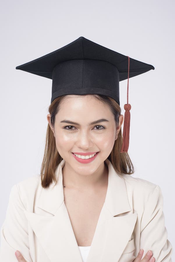 Portrait of Young Woman Graduated Over White Background Stock Image ...