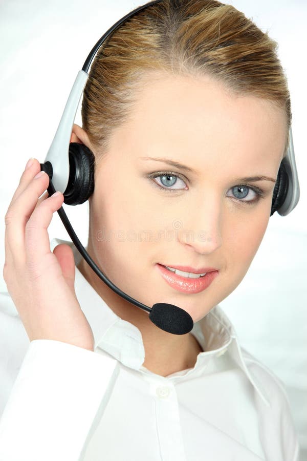 Portrait of a Young Woman with Headset Stock Photo - Image of listening ...
