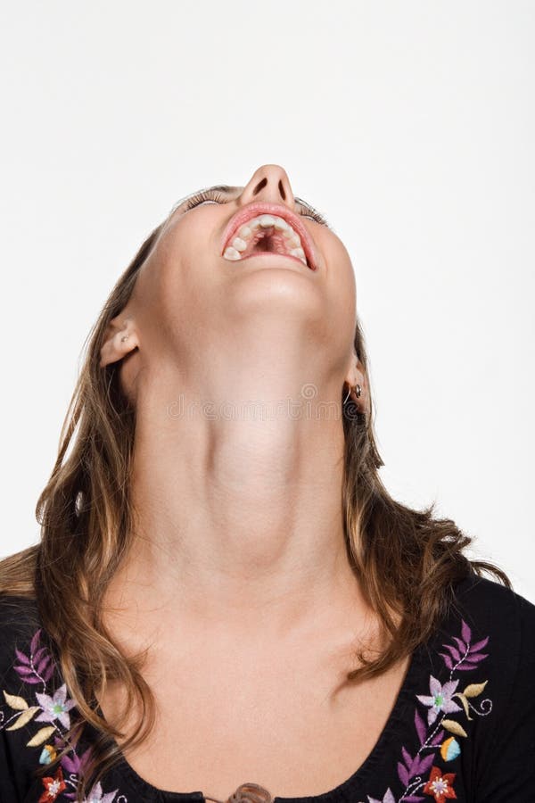 Portrait of Young Woman with Her Head Back Laughing Stock Image - Image ...