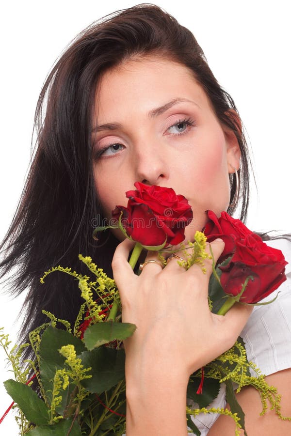 Portrait of Young Woman Holding Red Roses Stock Photo - Image of ...