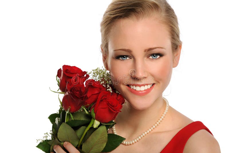 Portrait of Young Woman with Red Roses Stock Photo - Image of female ...