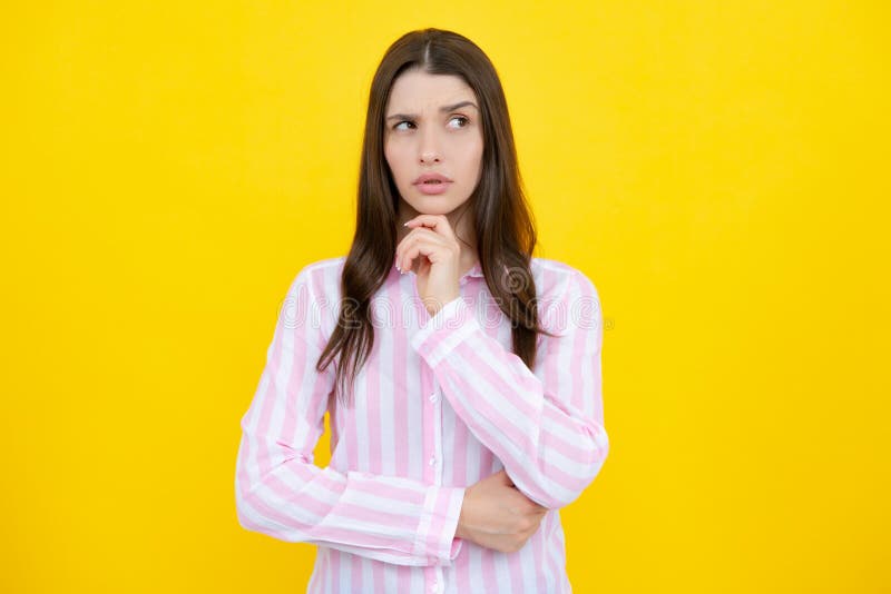 Portrait of Young Woman Thinking, Looking Up Empty Space. Thoughtful ...