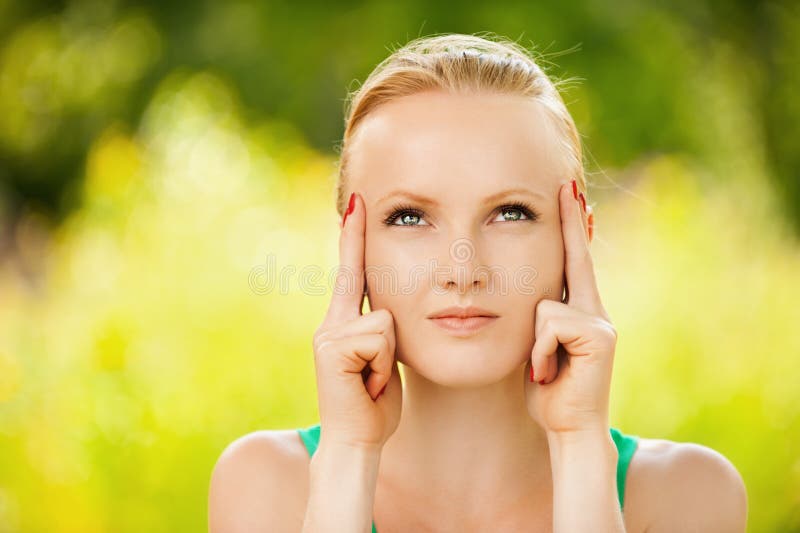 Portrait Young Woman Touching Stock Image - Image of portrait, green ...