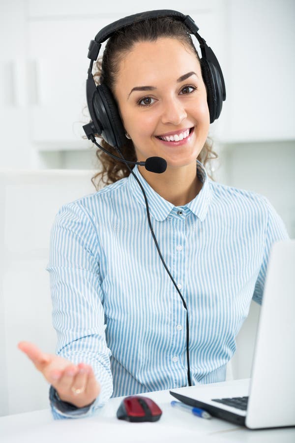 Portrait of Young Woman Working in Call Center Stock Image - Image of ...