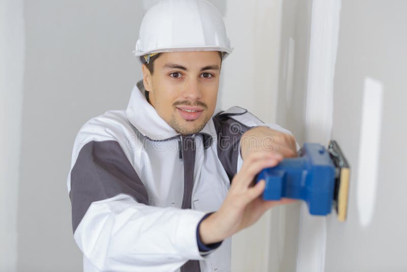 Portrait Young Worker Using Sander Stock Photo - Image of young ...