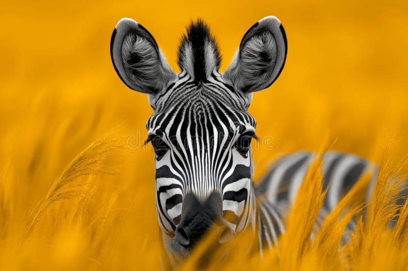 ?Portrait of a Zebra Partially Hidden by Yellow Grass in the African ...