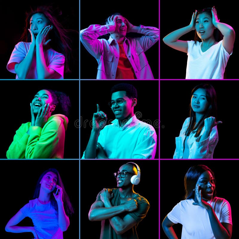 Portraits Of Group Of People On Black Background In Neon Light, Collage ...