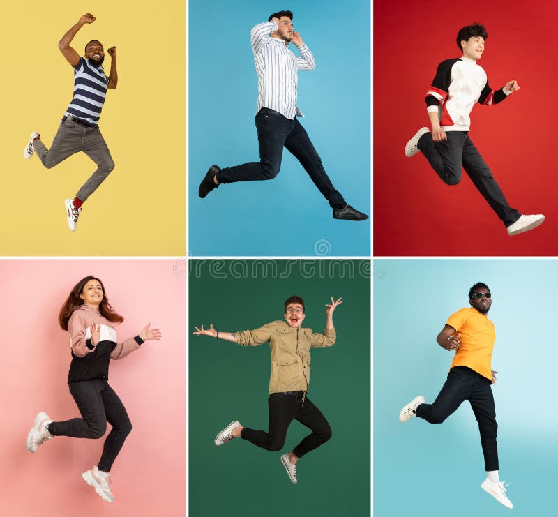 Portraits of Group of People on Colored Background, Collage. Stock ...