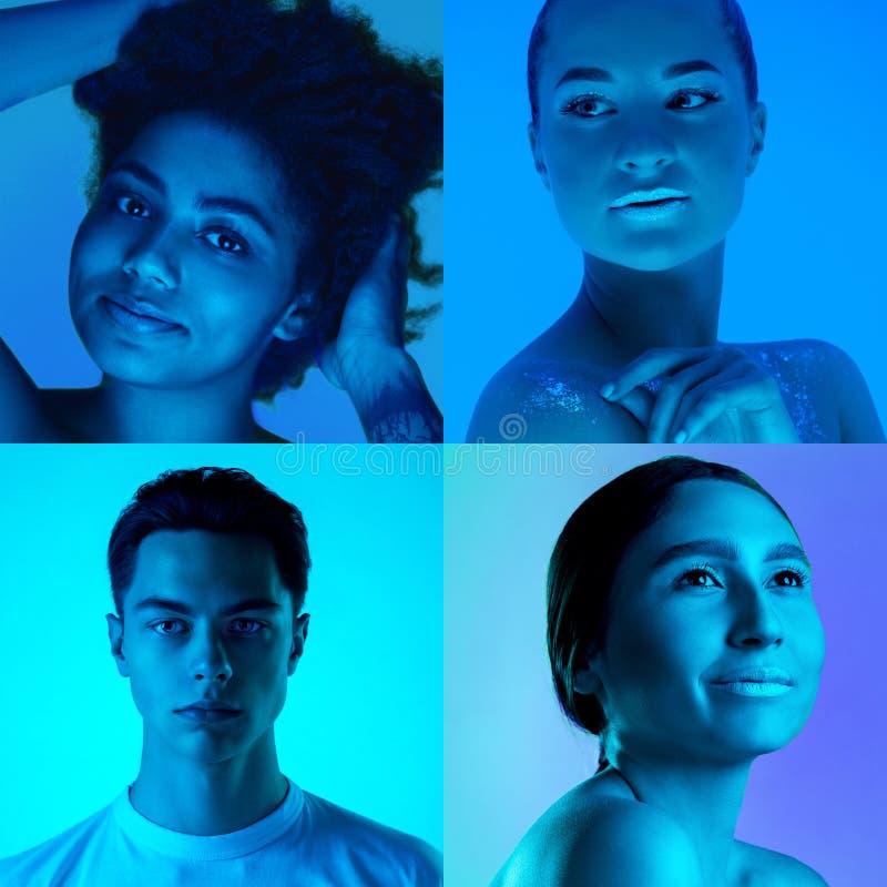 Portraits of Group of People on Multicolored Background in Neon Light ...