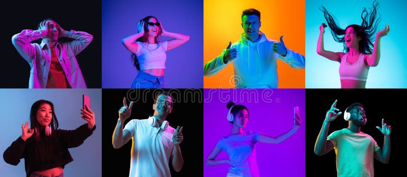 Portraits of Group of People on Multicolored Background in Neon Light ...