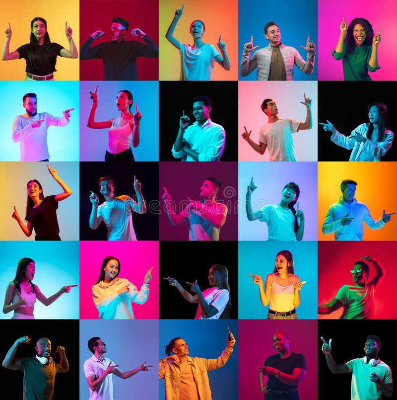 Portraits of Group of People on Multicolored Background in Neon Light ...