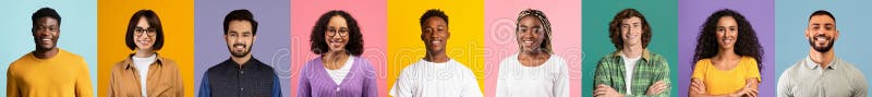 Portraits of Happy Multiethnic Students Posing Over Colorful Studio ...