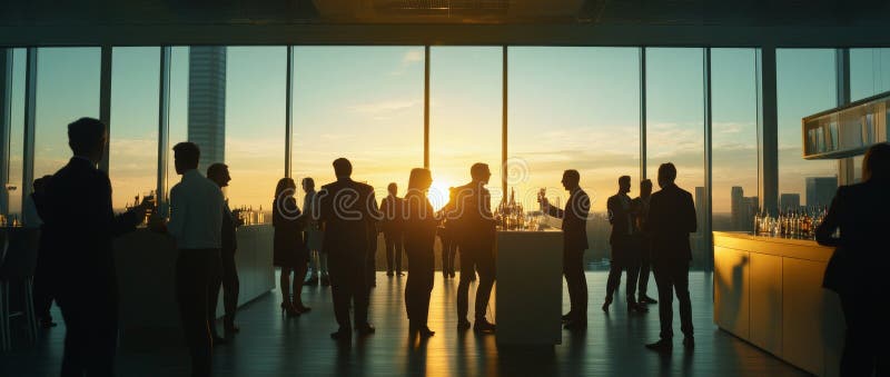 Portraits of Professionals Mingling during a Sunset-lit Corporate ...