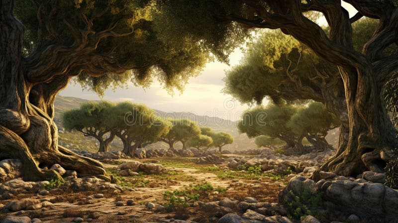 A Grove of Ancient, Twisted Olive Trees Stock Illustration ...