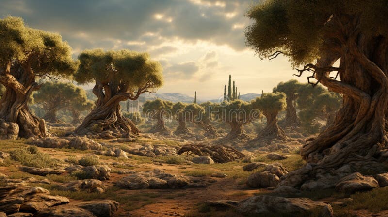 A Grove of Ancient, Twisted Olive Trees Stock Illustration ...